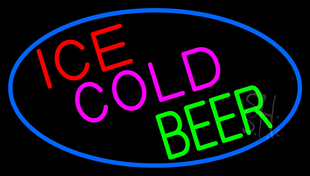 Ice Cold Beer With Blue Border Neon Sign | Bar Neon Signs | Neon Light