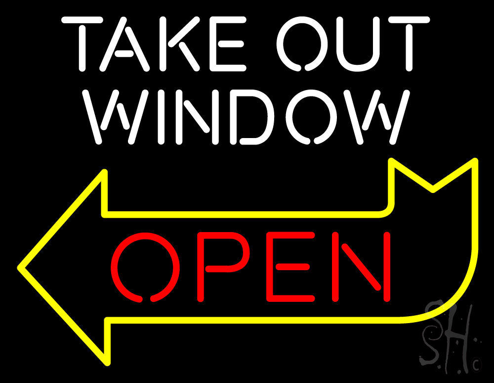 Take Out Window Left Yellow Open Arrow Neon Sign | Restaurant Neon ...
