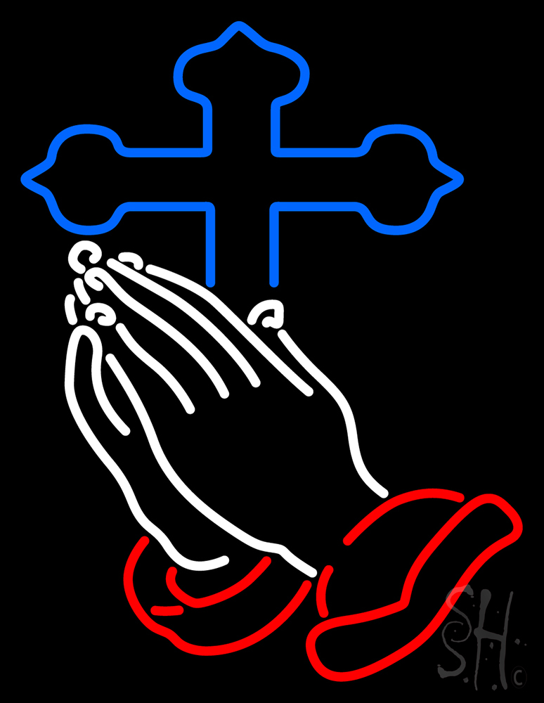 Praying Hands Blue Cross Neon Sign | Praying Hands Neon Sign | Neon Light